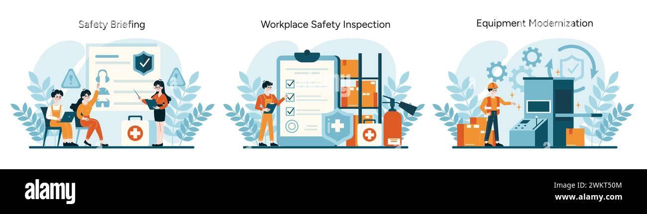 OSHA essentials set. Engaging in safety briefings, thorough workplace ...