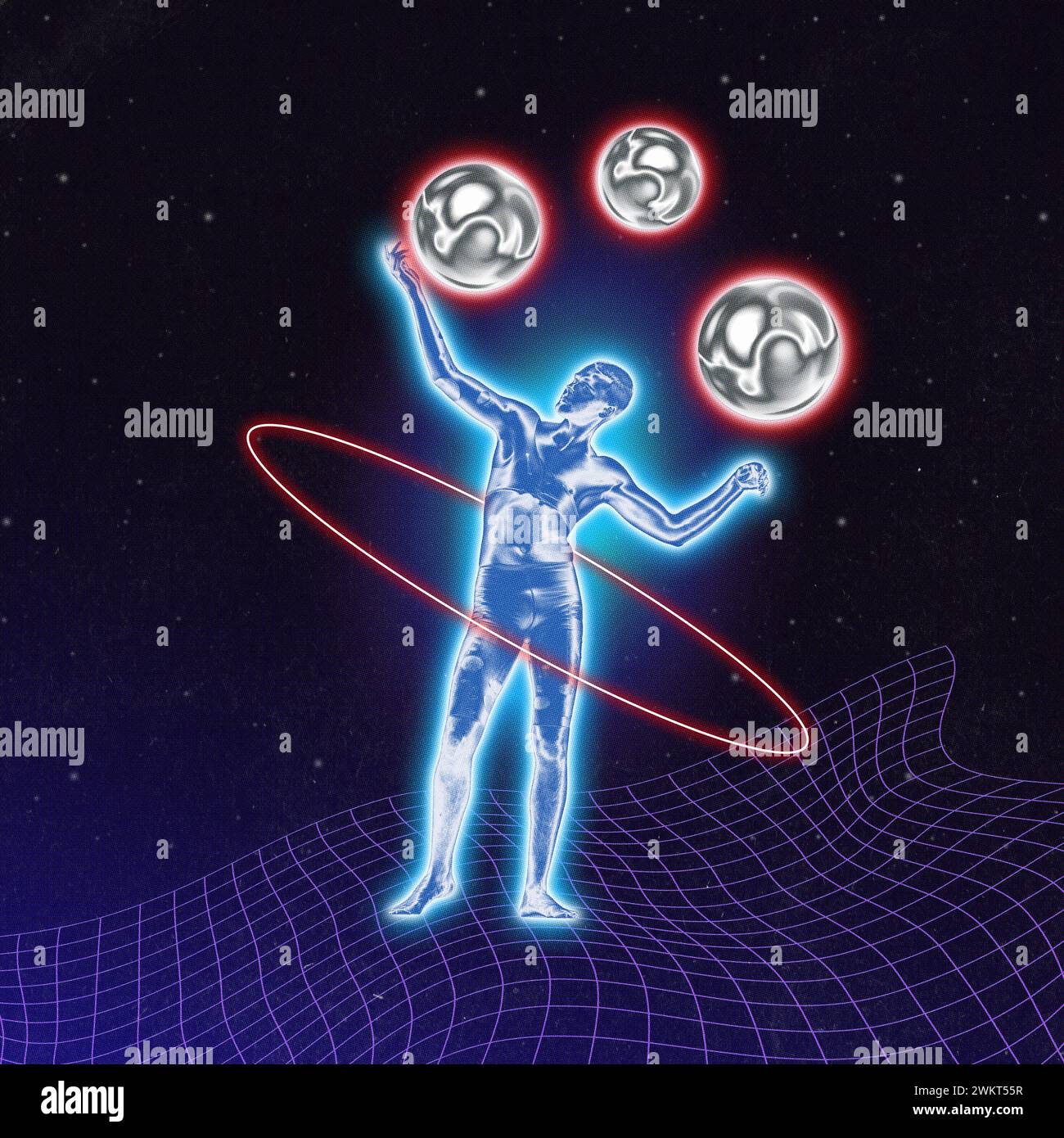 Poster. Modern aesthetic artwork. Neon glowing, silver human figure ...