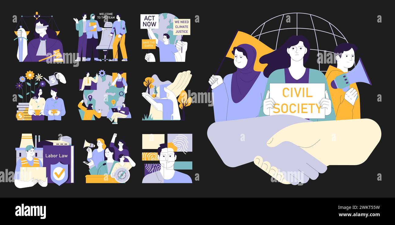 Social equity dark or night mode set. Civil society teamwork, environmental activism, and ...