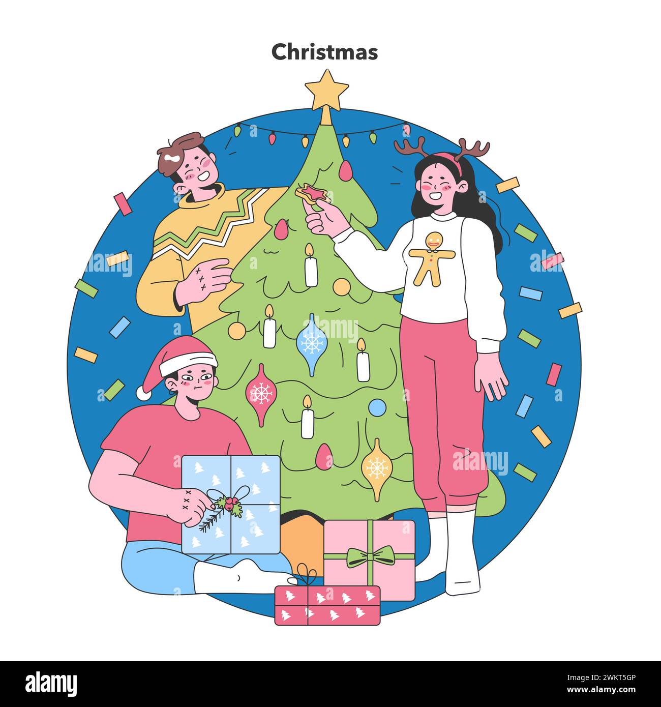 Christmas Festivities. Smiling individuals exchange gifts and decorate ...