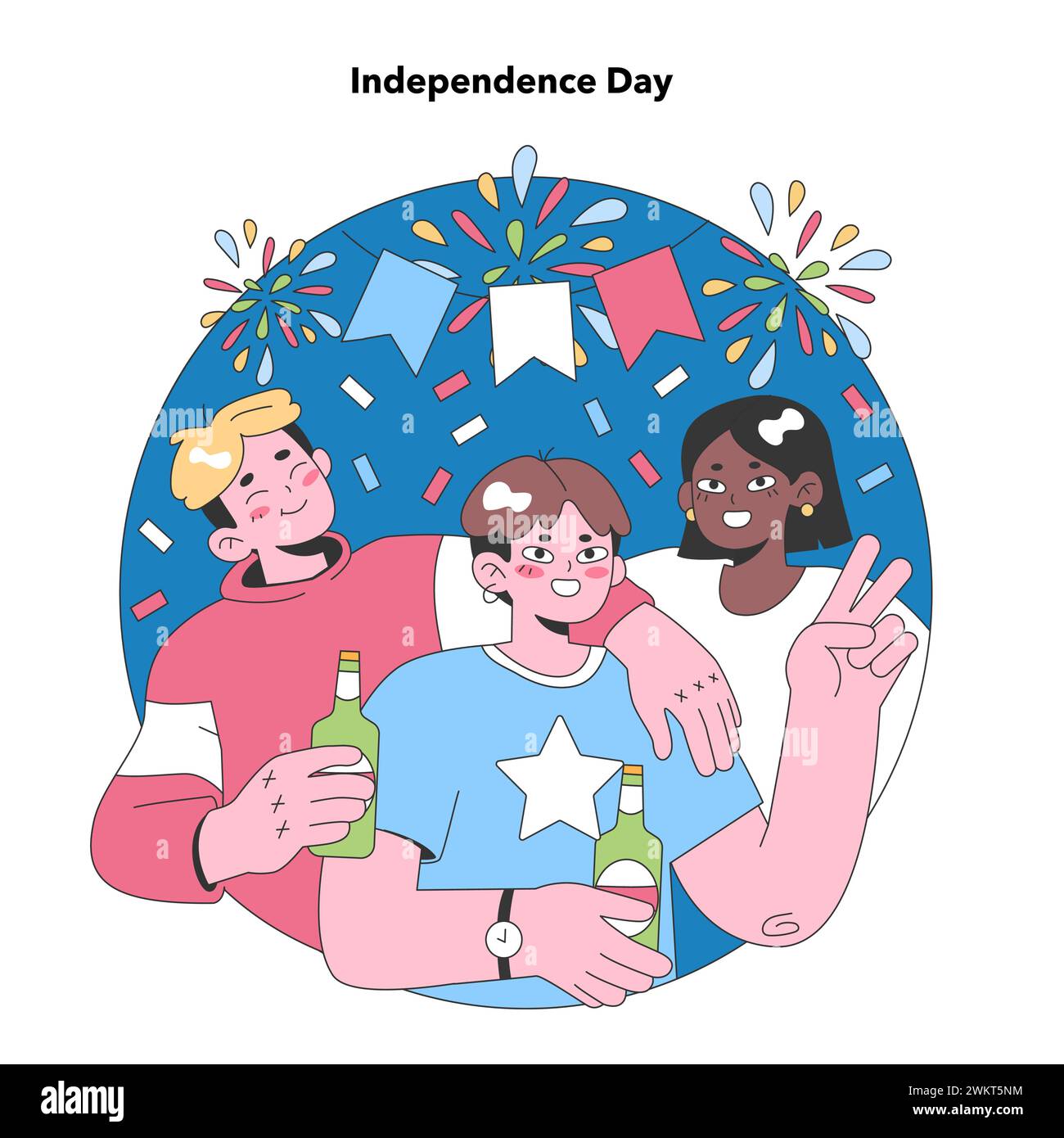 Independence Day Joy. Cheerful friends enjoy fireworks and festivities ...