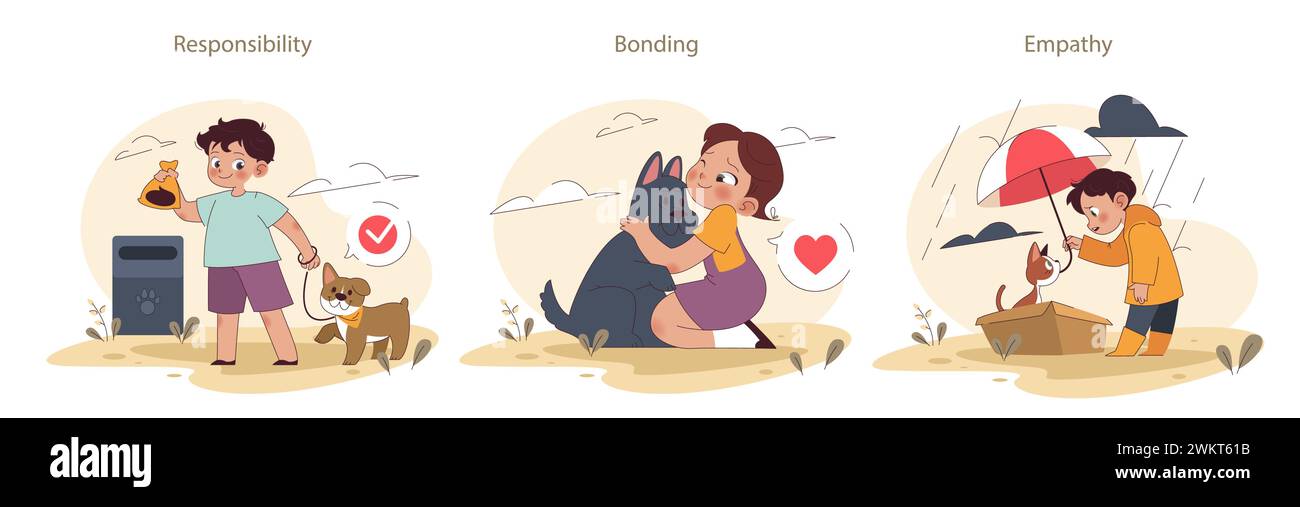 Children and pets set. Exploring responsibilities and joys of pet ...