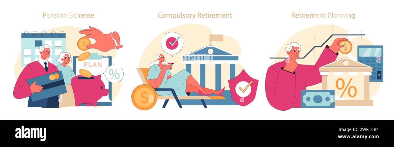 Retirement Essentials set. Depicting the journey of financial ...