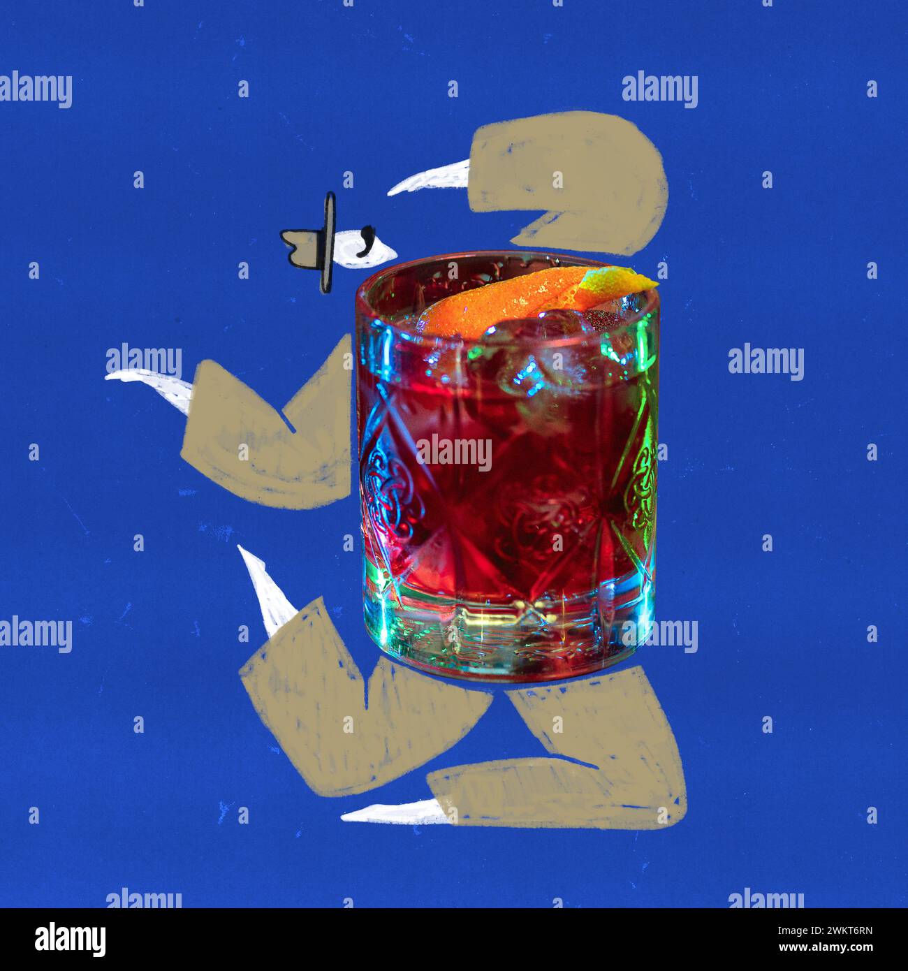 Creative design with negroni cocktail and drawn human against blue ...