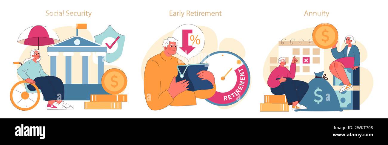Secure Retirement set. Illustrations depicting the pillars of ...