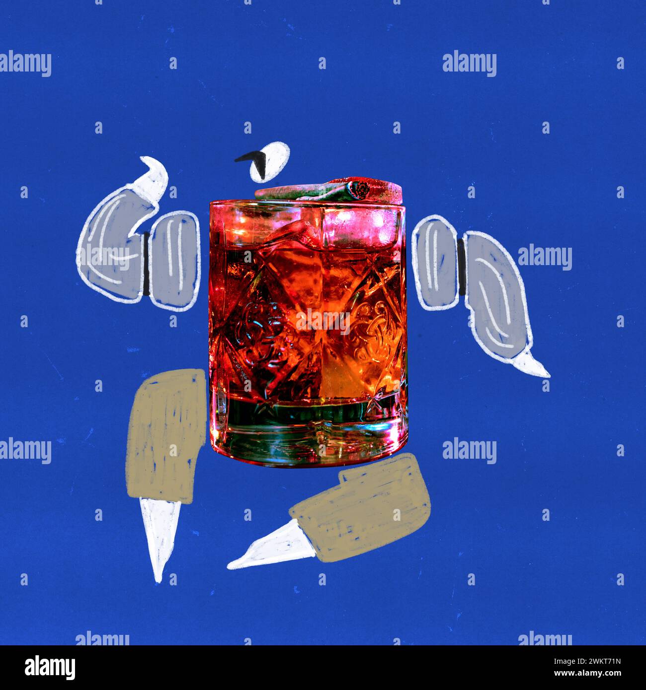 Creative design with negroni cocktail and drawn human against blue ...
