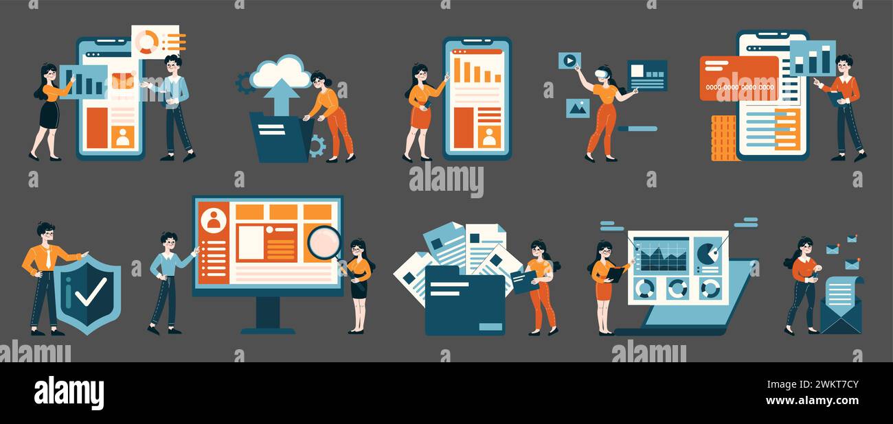 Digital Marketing set. Characters managing data analysis, cybersecurity ...