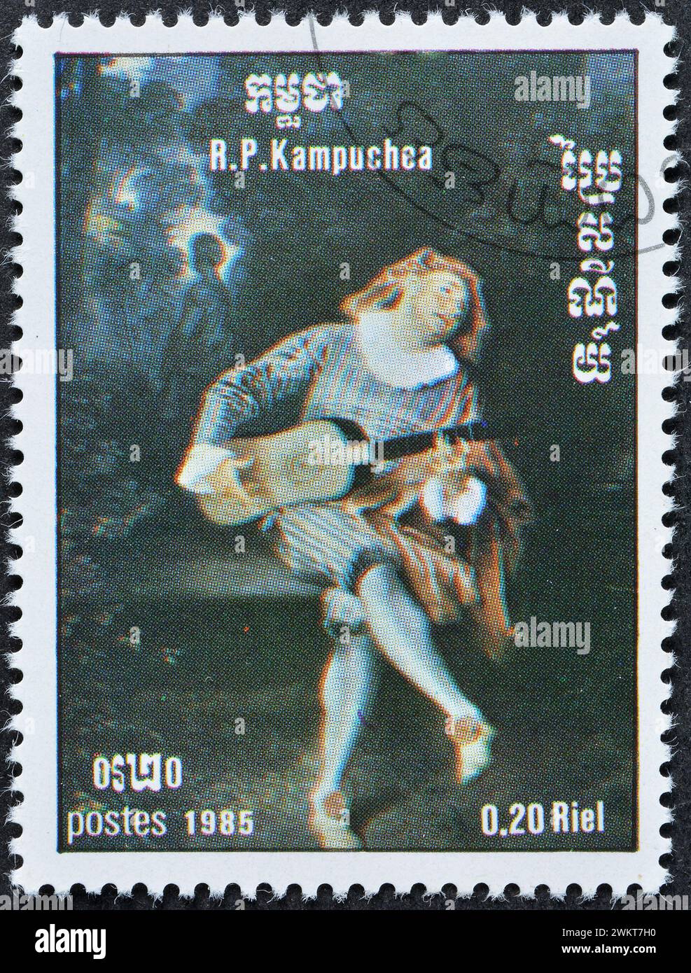 Cancelled postage stamp printed by Cambodia, that shows painting ...