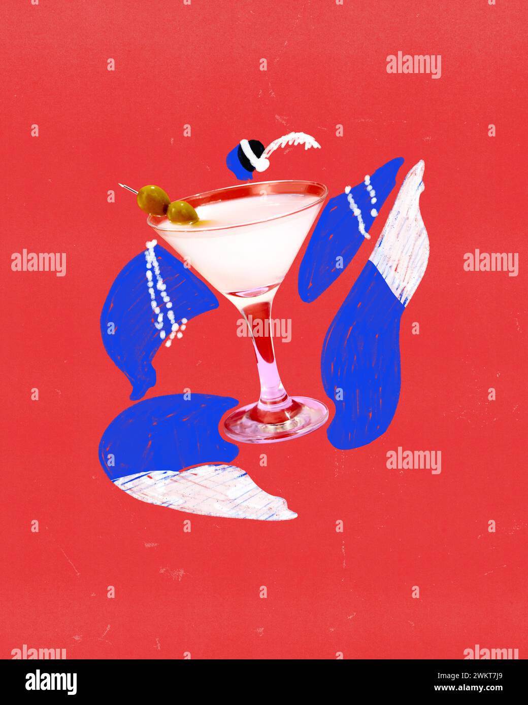 Retro party. Female drawn character and martini cocktail against red ...