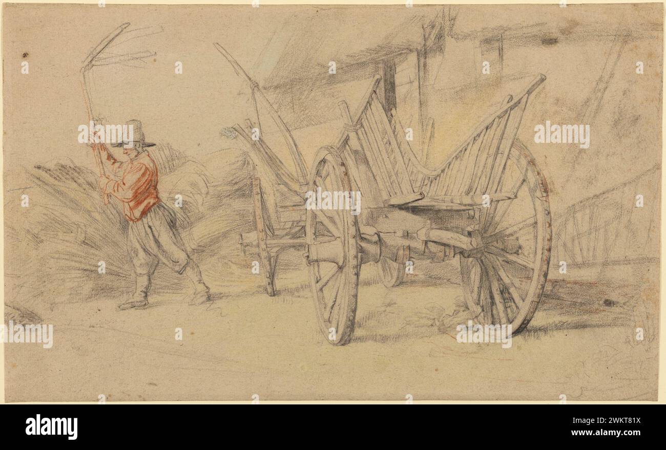 A Man Threshing Beside a Wagon, Farm Buildings Behind; Peter Paul ...