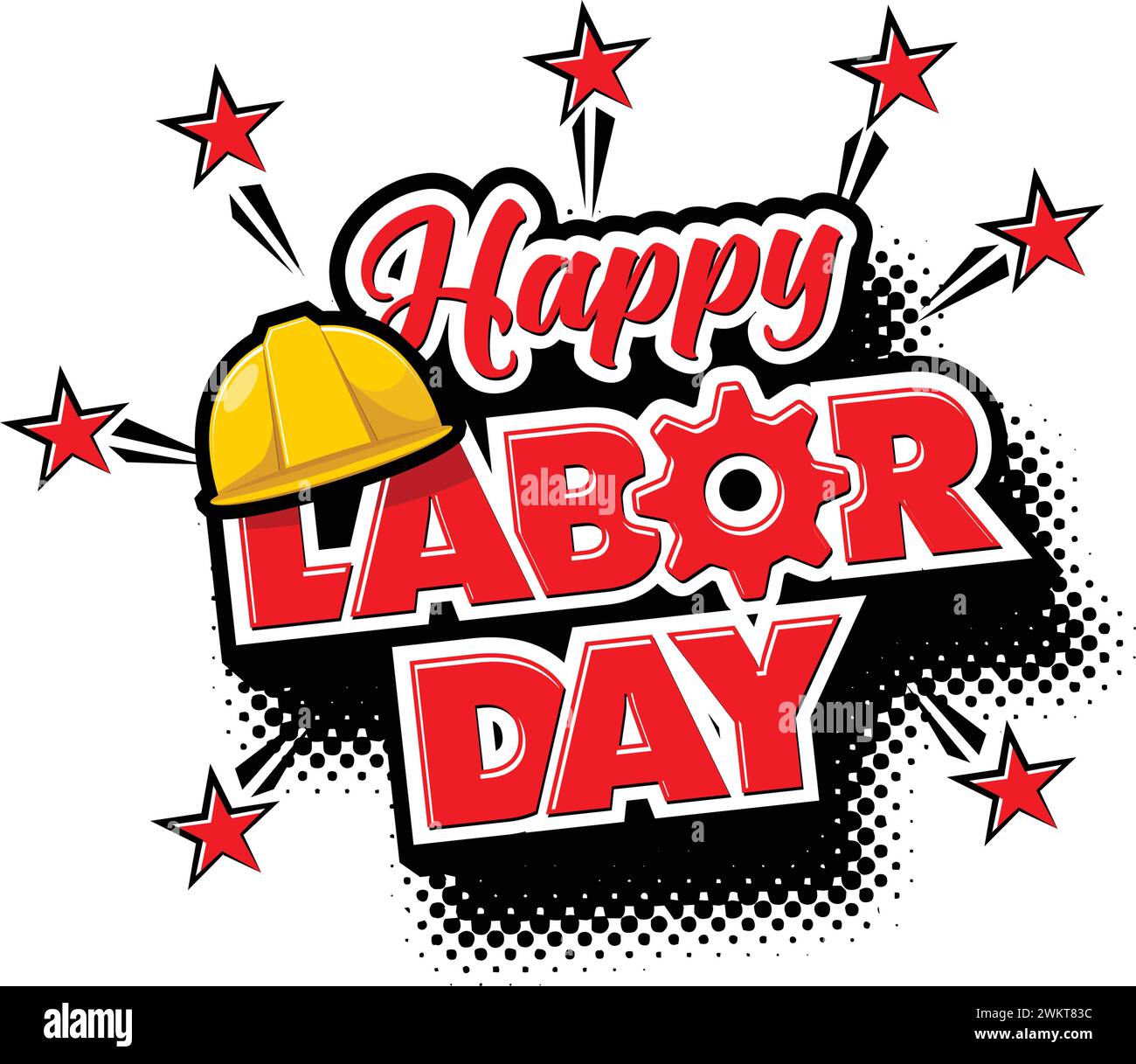 Labor Day poster header template.Vector message with helmet in comic ...