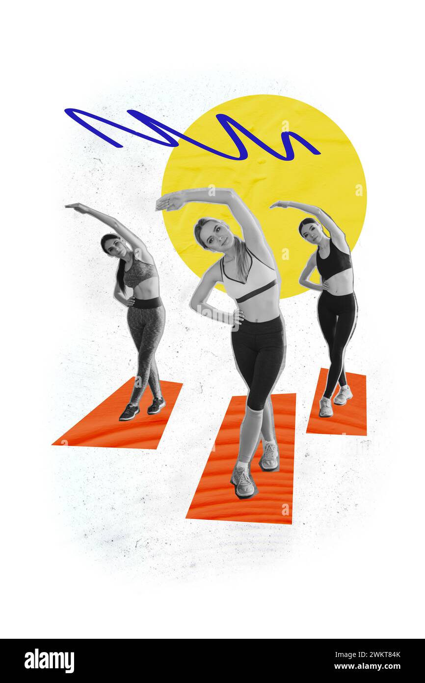 Vertical graphics collage image of young girls do sport together group ...