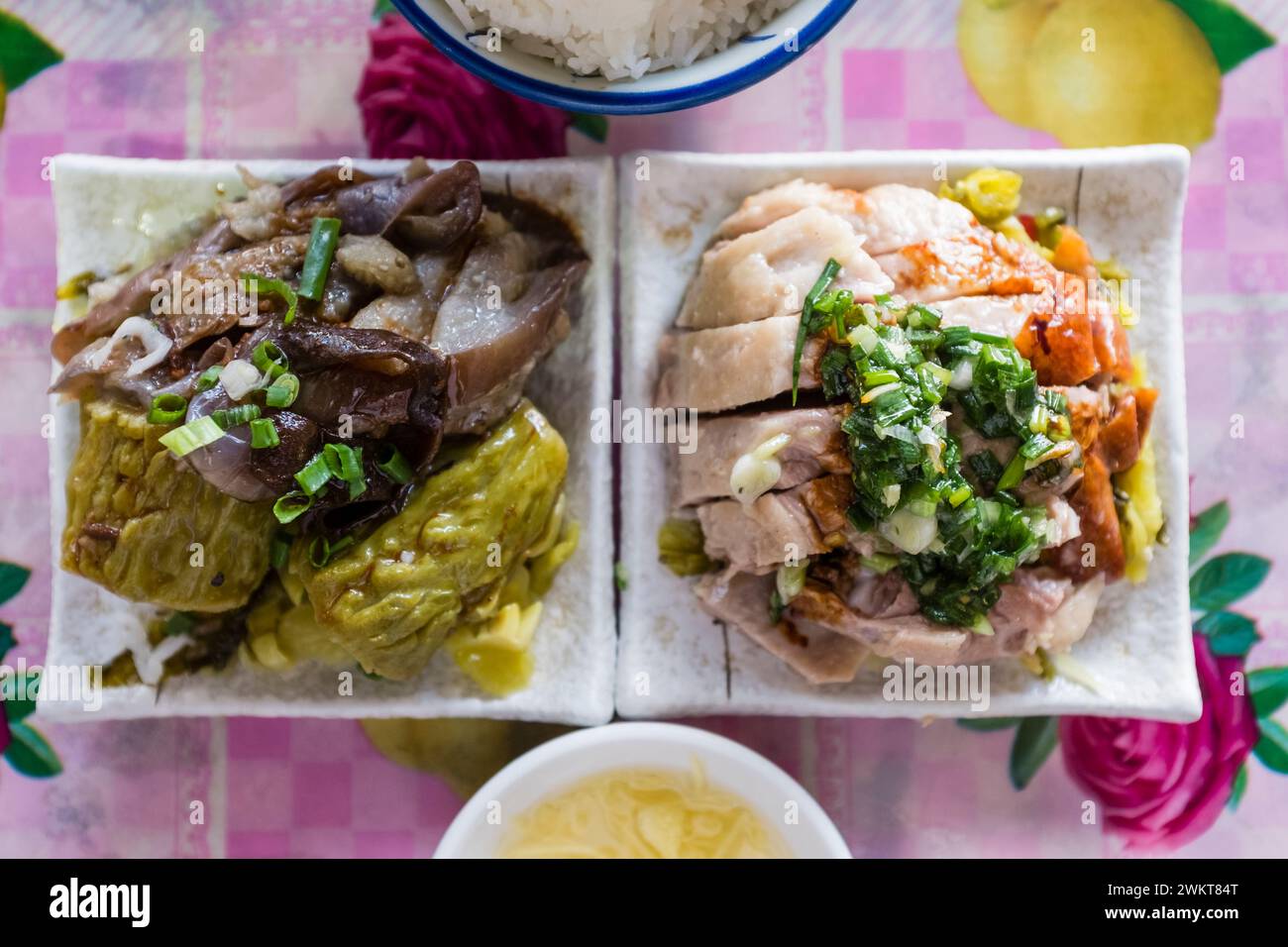 A simple but delicious display of home cooked food, poached duck and ...