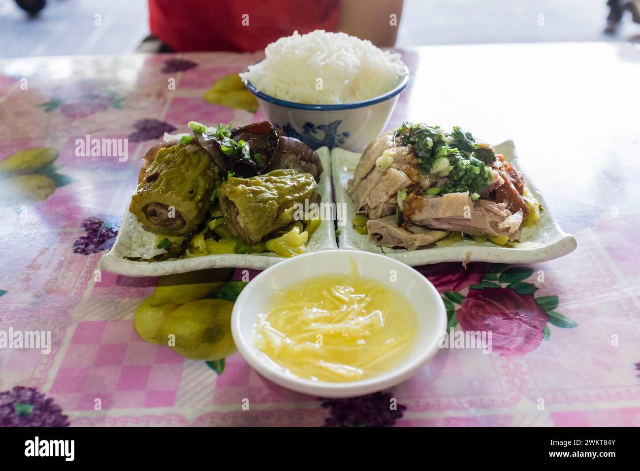 A simple but delicious display of home cooked food, poached duck and ...