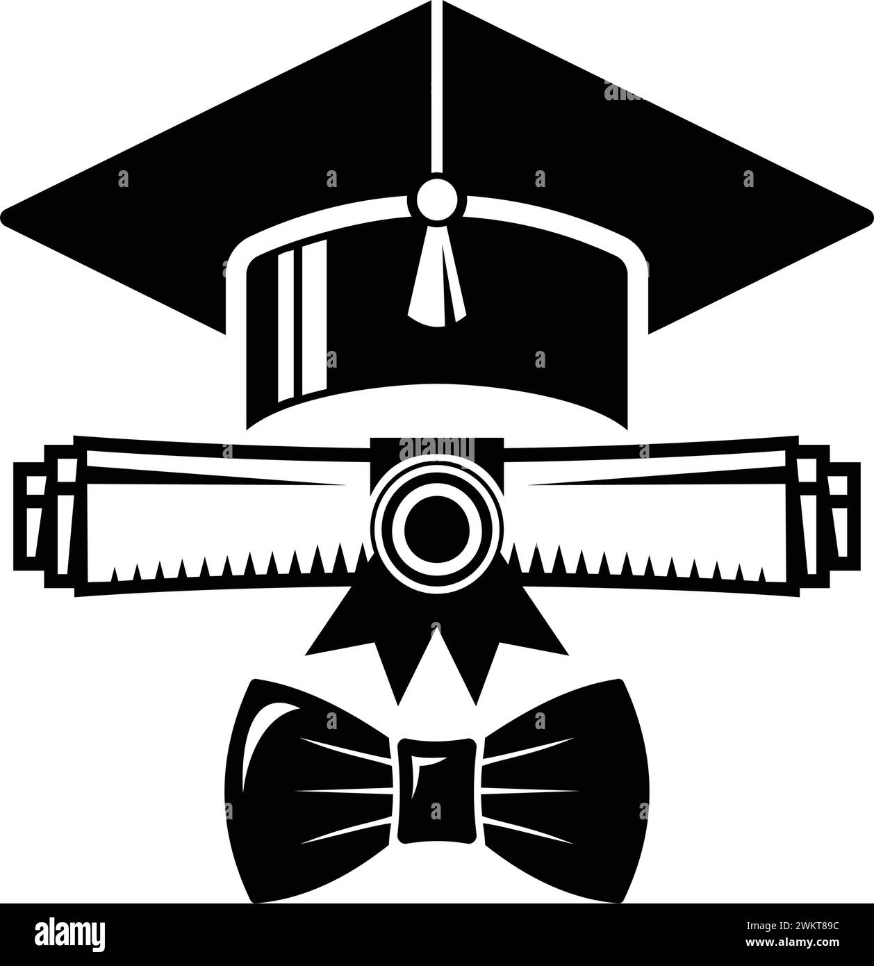 Graduation cap, diploma and bow tie. Black vector web icon on ...