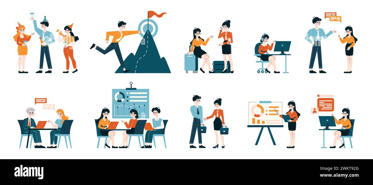 Workplace Celebration and Strategy set. Employees enjoying success ...