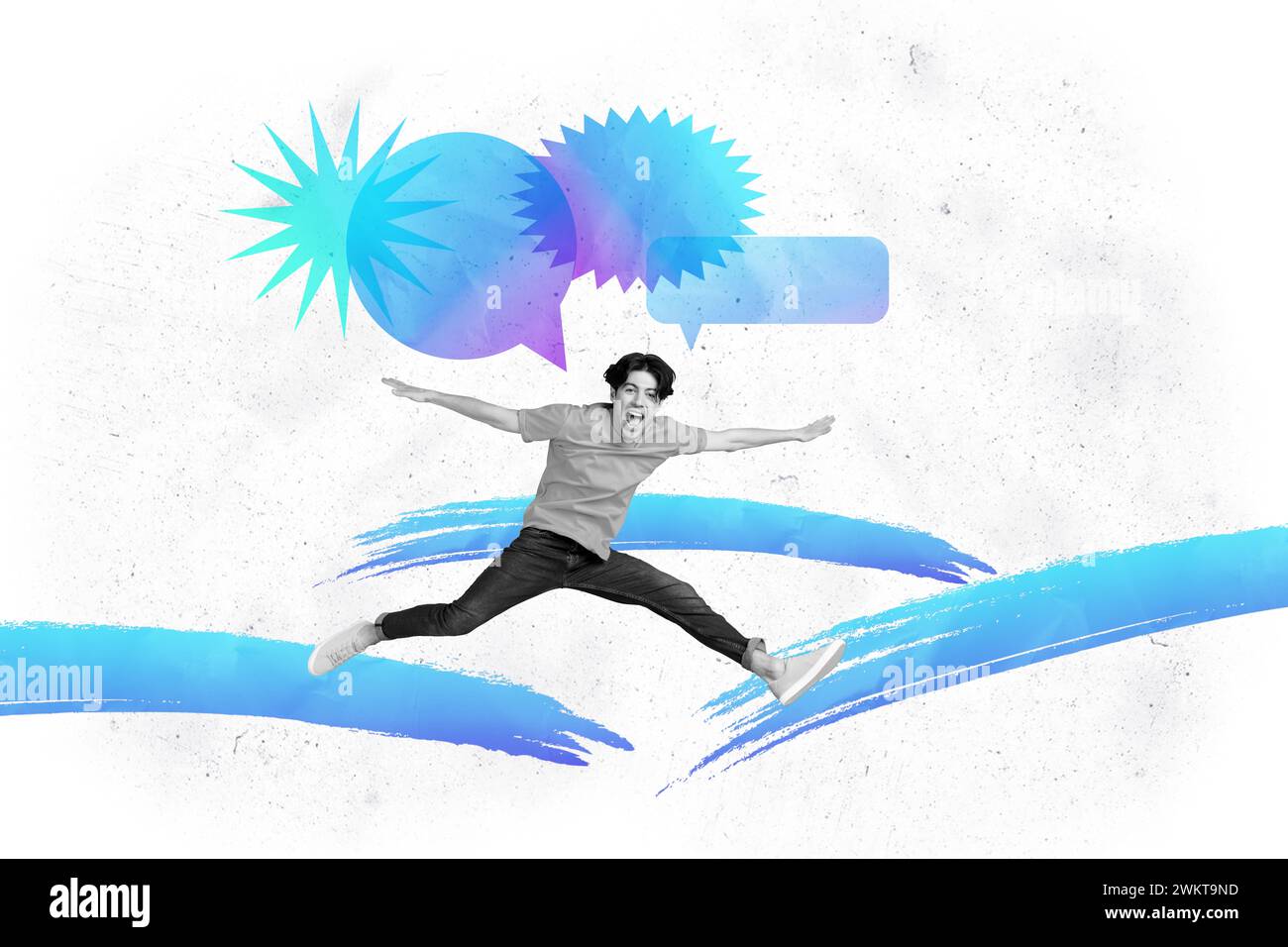 Contemporary design art collage of young guy jumping trampoline ...