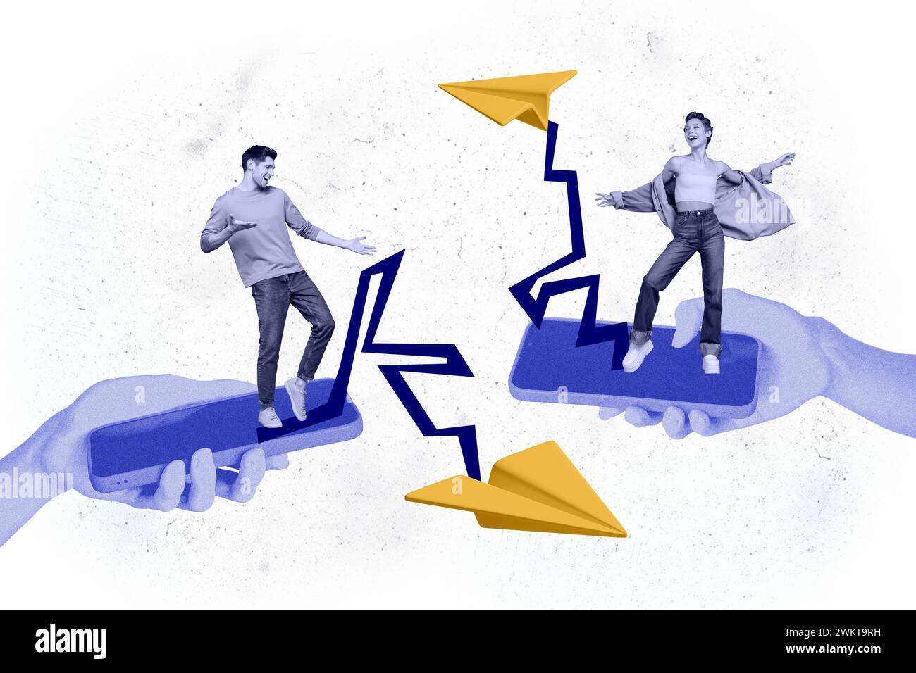 Composite collage artwork of remote communication messenger application ...