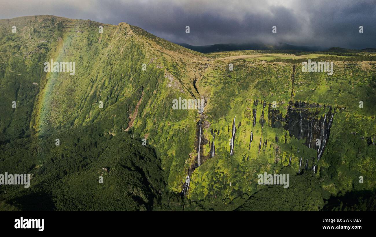 Azores landscape with waterfalls and cliffs in Flores island. Portugal ...