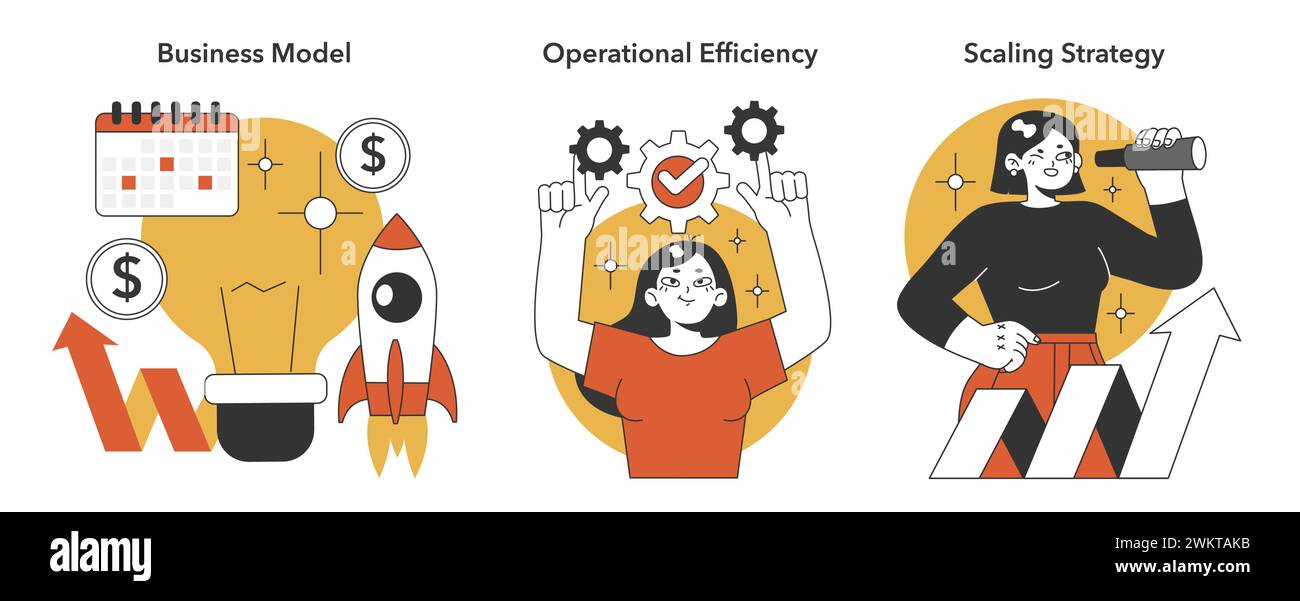 Business strategy set. Startup growth phases with calendar planning, operational workflow, and ...