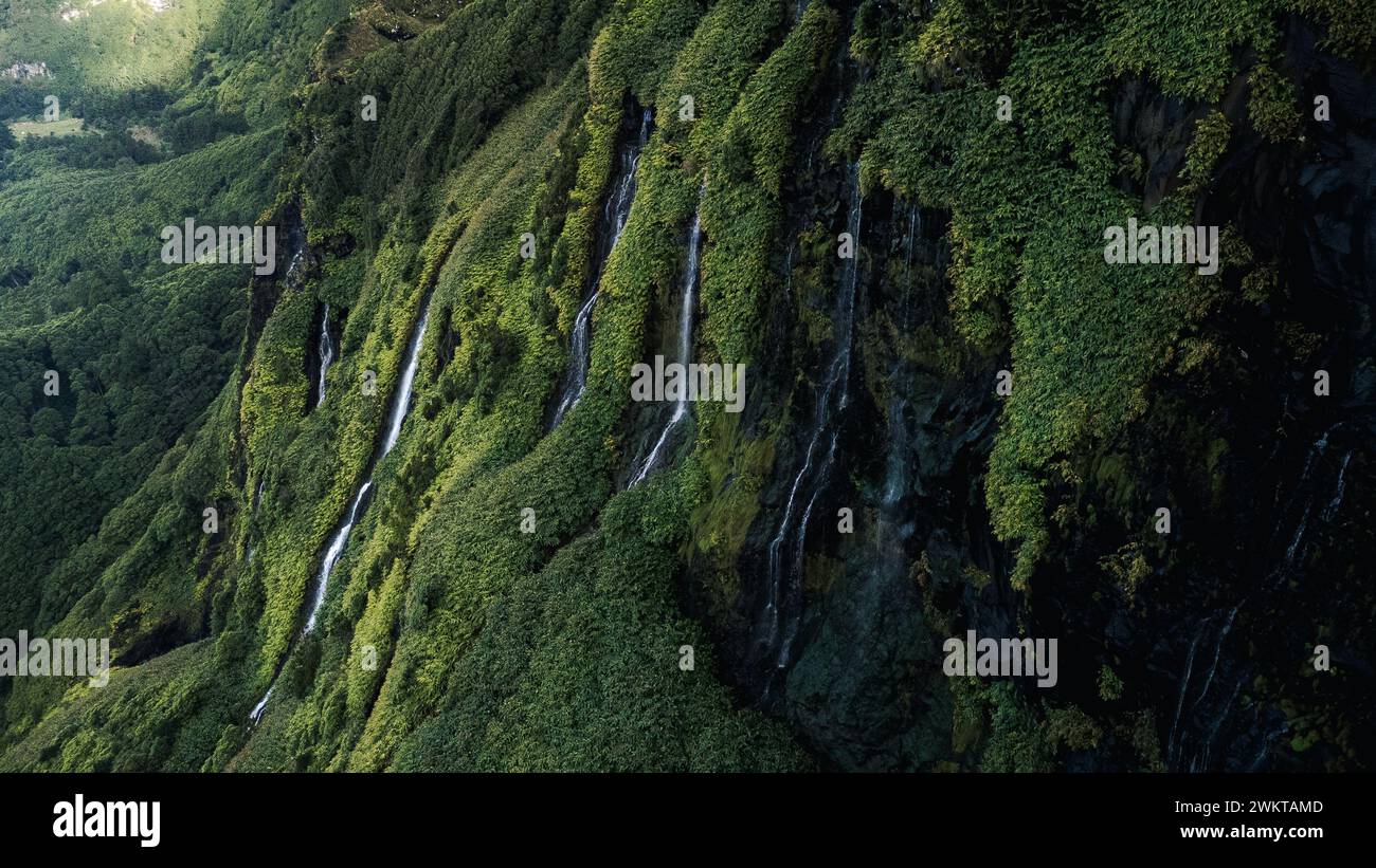 Azores landscape with waterfalls and cliffs in Flores island. Portugal ...
