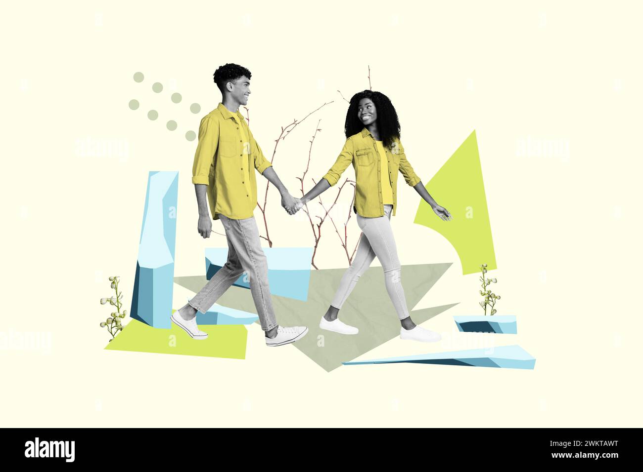 Collage of two black white colors peaceful partners hold arms walk ...