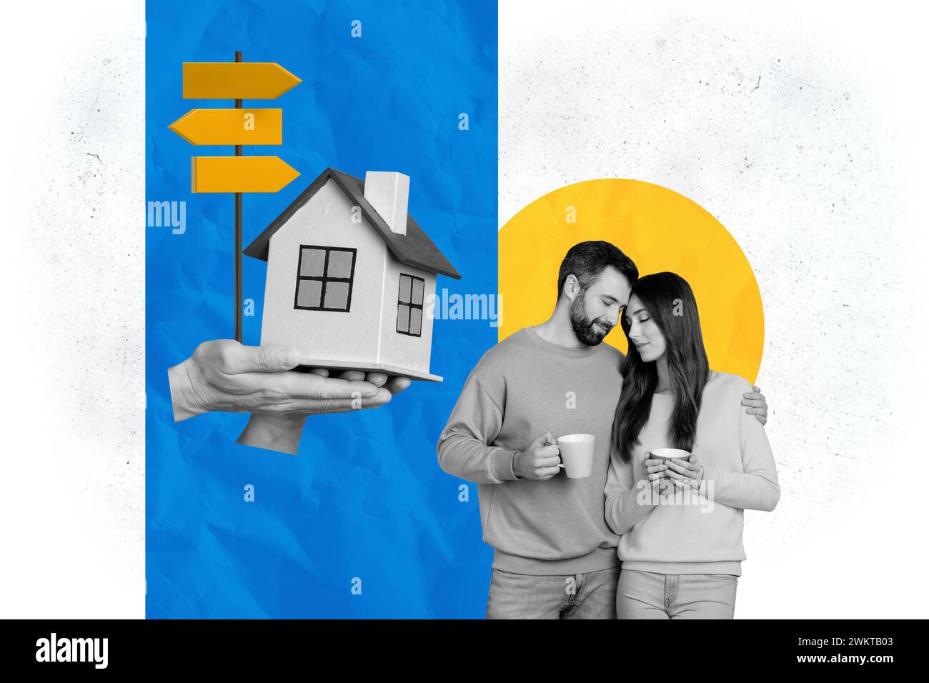 Creative collage of young couple in love hugging husband with wife ...