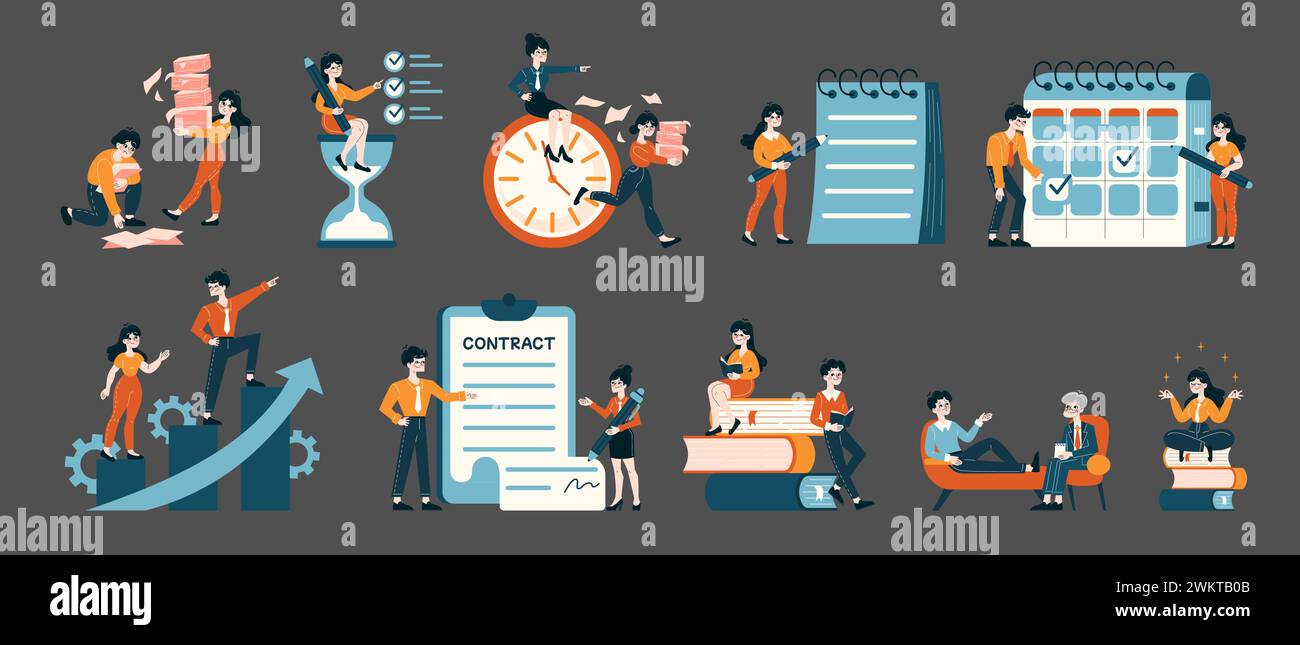 Corporate Efficiency set. Employees orchestrating time management and ...