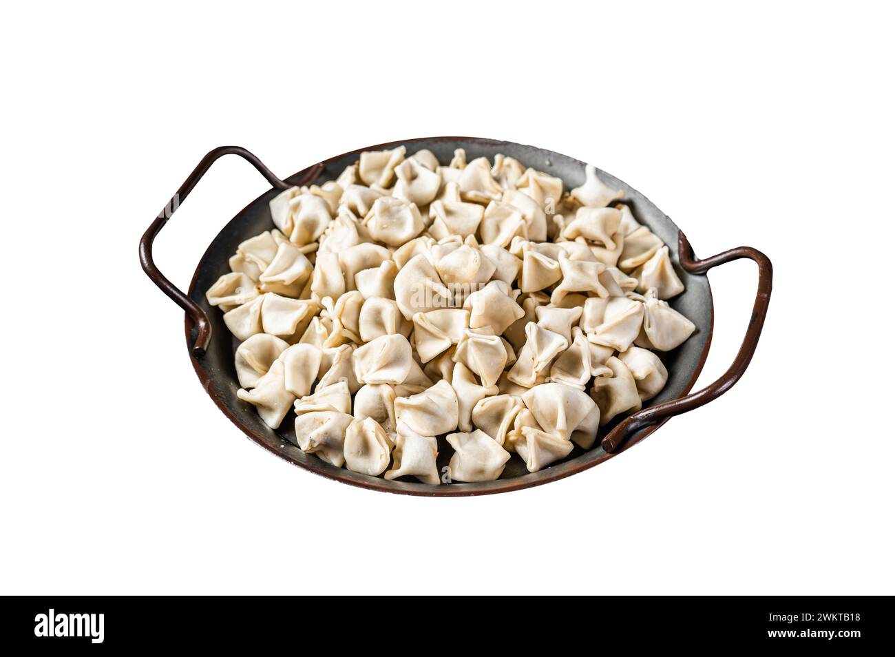 Cooking Manti Dumpling, raw food in a steel tray. Isolated on white ...
