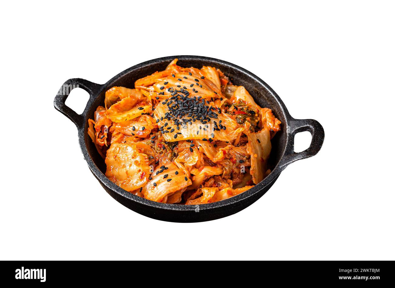Kimchi salted and fermented chinese cabbage in a skillet. Isolated on ...