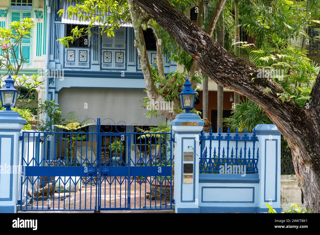 Blue wrought iron gate encloses a home's entrance and a tree Stock ...