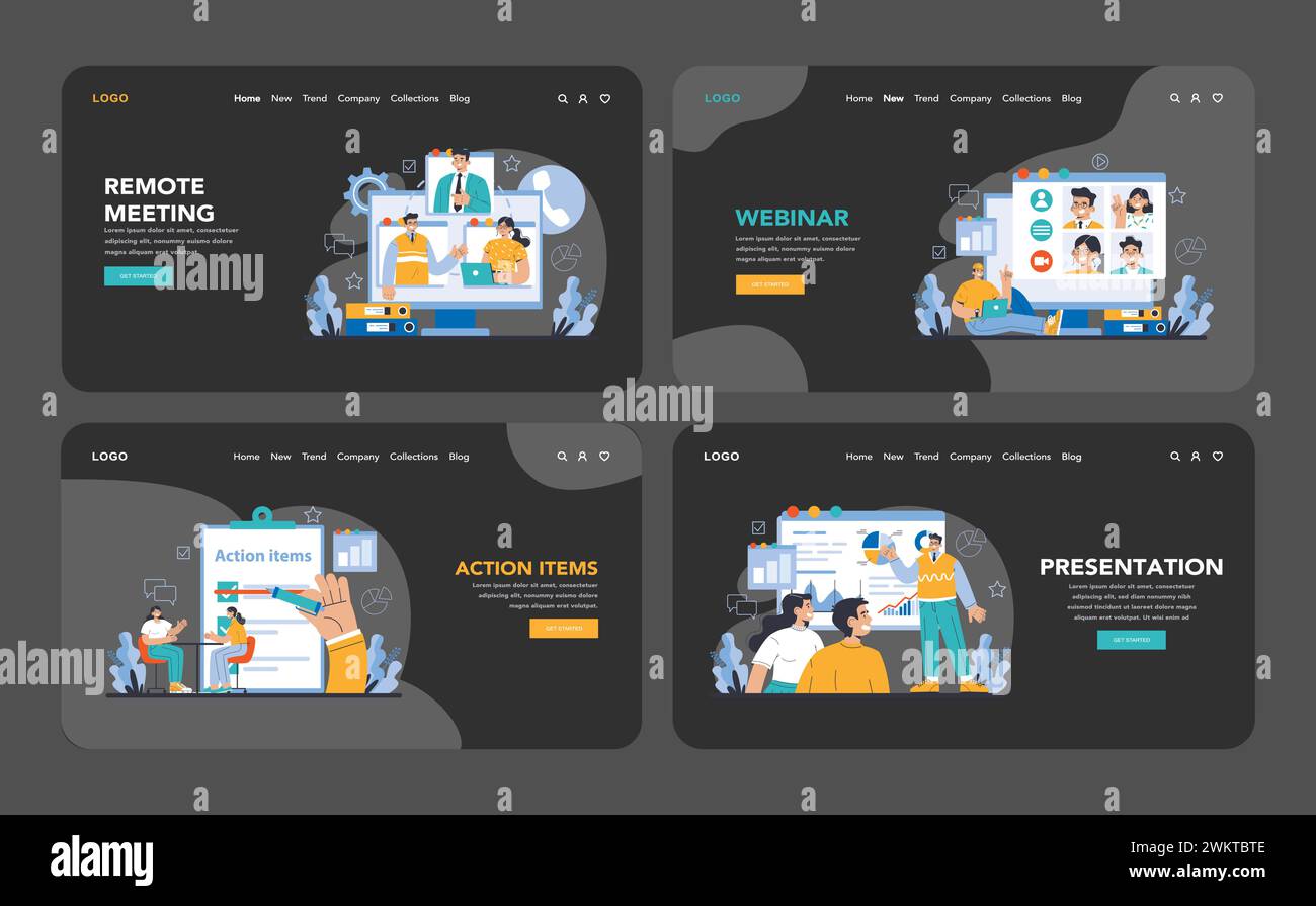 Business meeting night or dark mode web or landing page set. Virtual ...