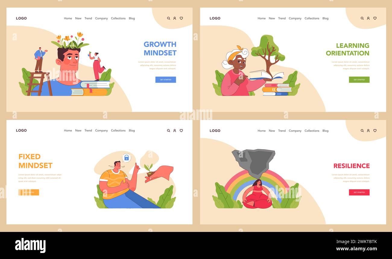 Growth mindset set. People of various ages changing beliefs, growing ...