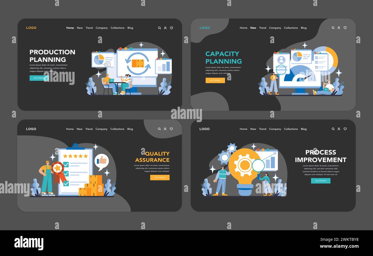 Production and Quality night or dark mode web or landing page set. A collection of web banners ...