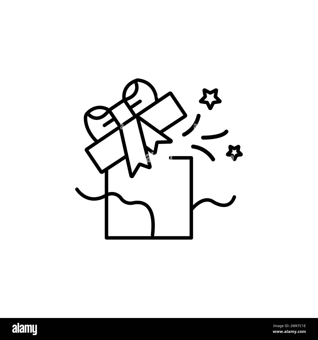 Open gift box icon. Present with ribbon bow and stars simple ...