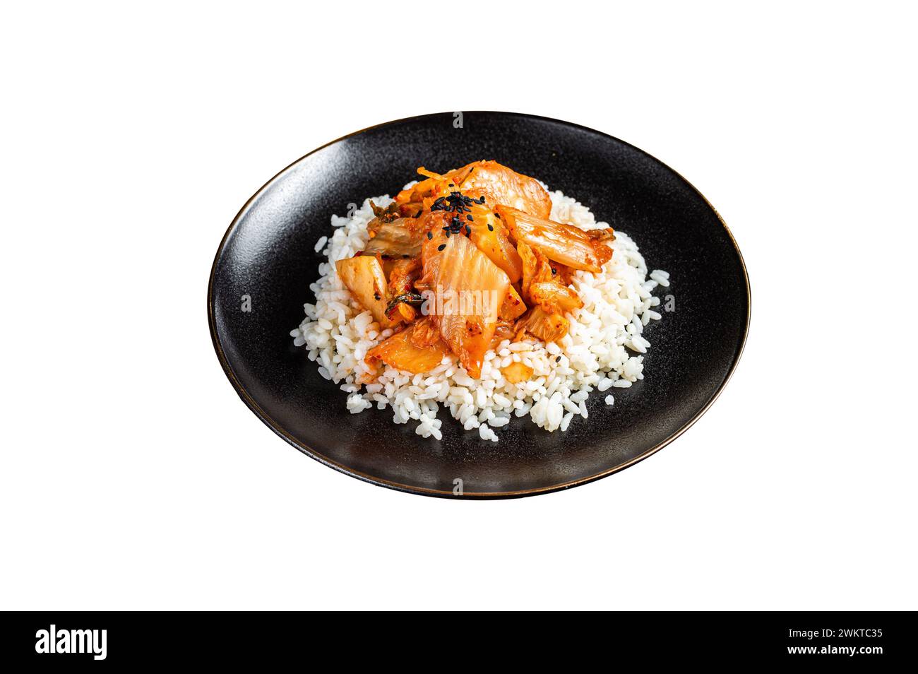 Kimchi with pork on cooked rice, traditional Korean cuisine. Isolated ...