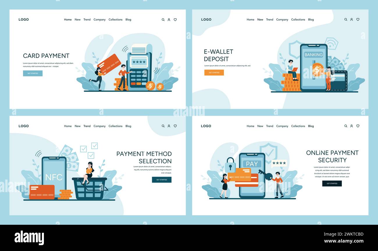 Web Layout Payment Methods set. Intuitive designs for card transactions, e-wallet funding, NFC ...