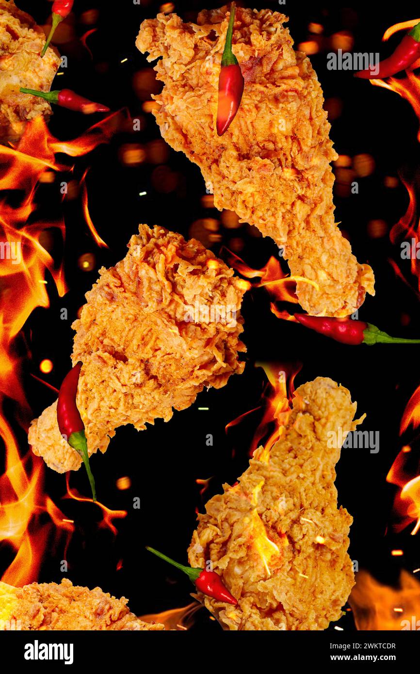 Flying pieces of hot and spicy crispy fried chicken leg pieces ...