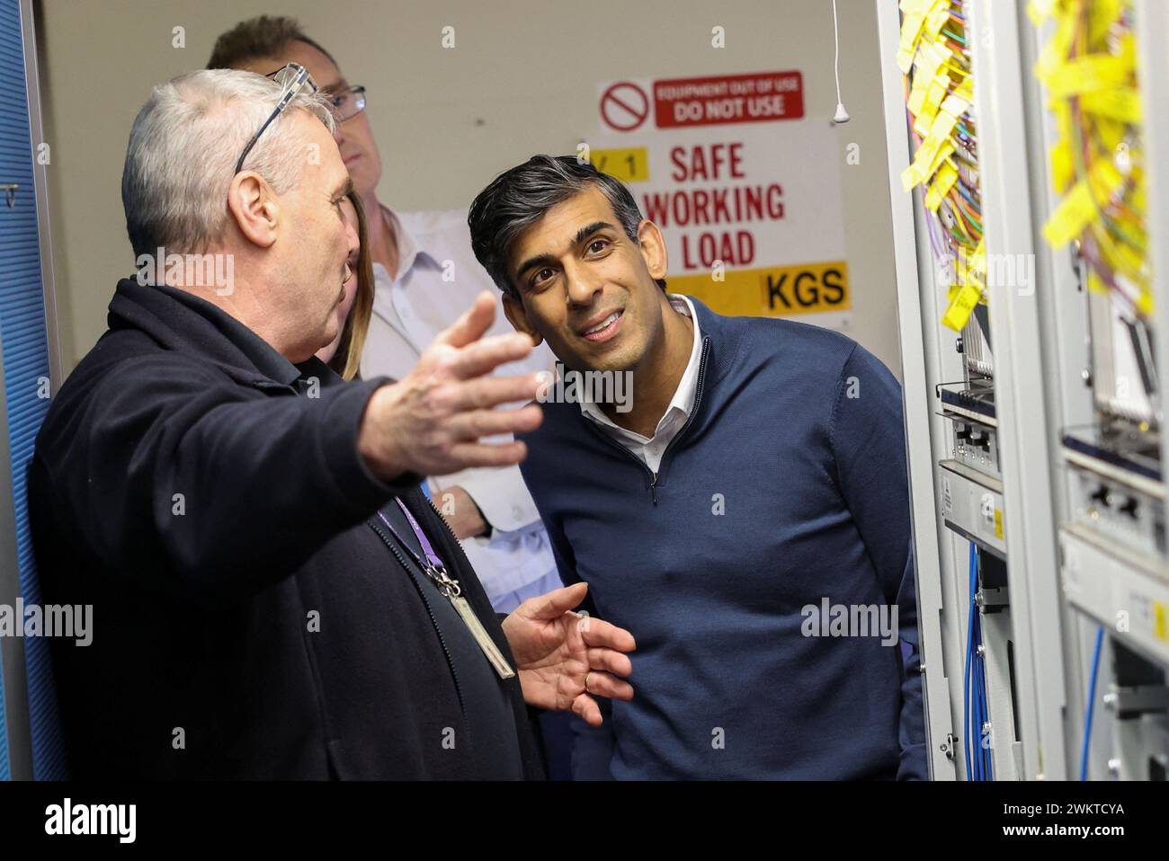 Prime Minister Rishi Sunak looks at fibre optic cables, during a visit ...