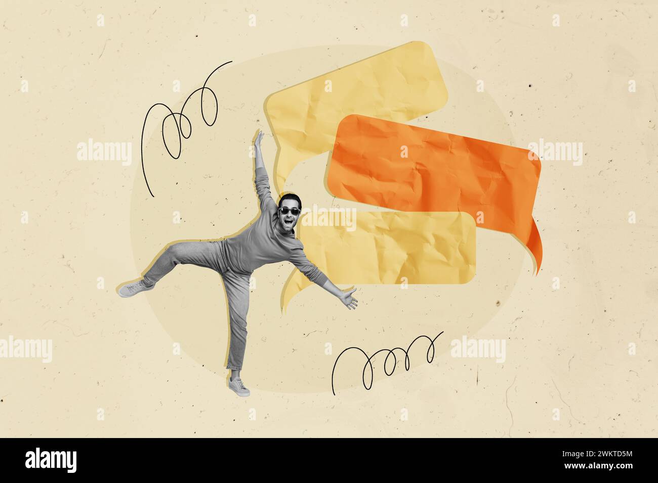 Creative collage photo standing young funky man wear sunglass textbox ...