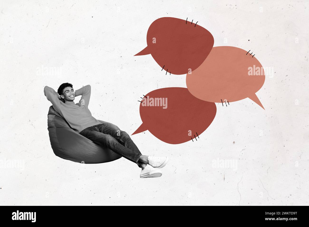 Collage young man chilling have rest smile listen textbox speech ...