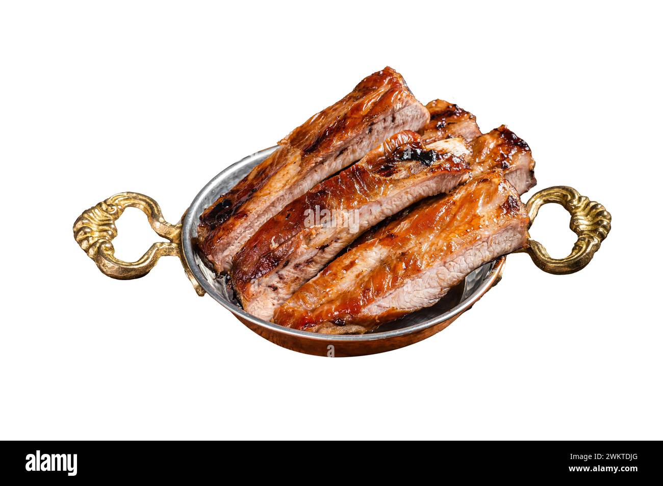Barbecue chopped pork spare ribs in a skillet. Isolated on white ...