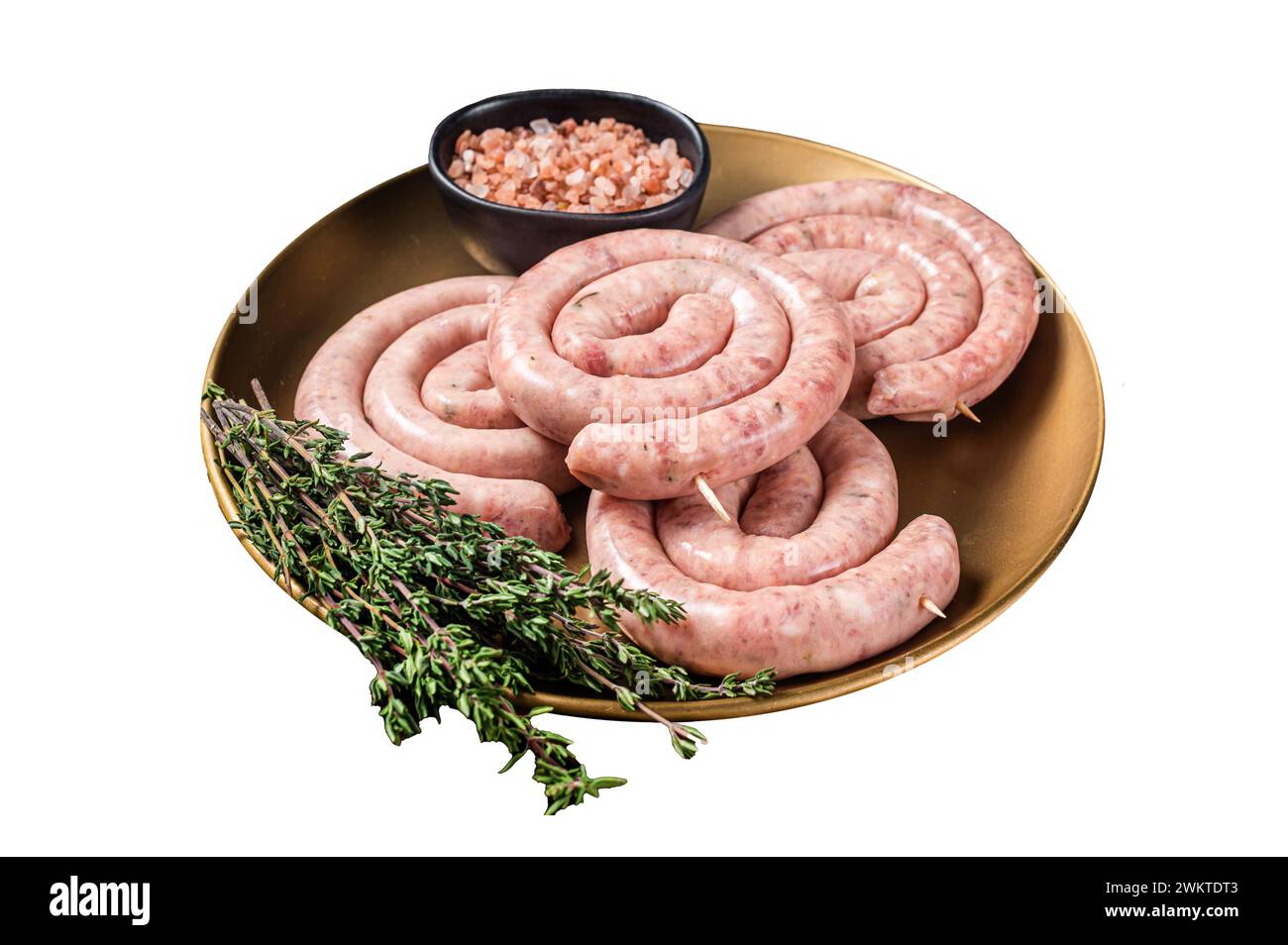 Raw spiral pork sausages, uncooked Wurst. Isolated on white background ...