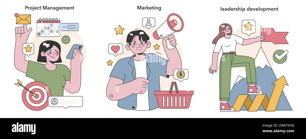Professional growth set. Characters focusing on project management ...