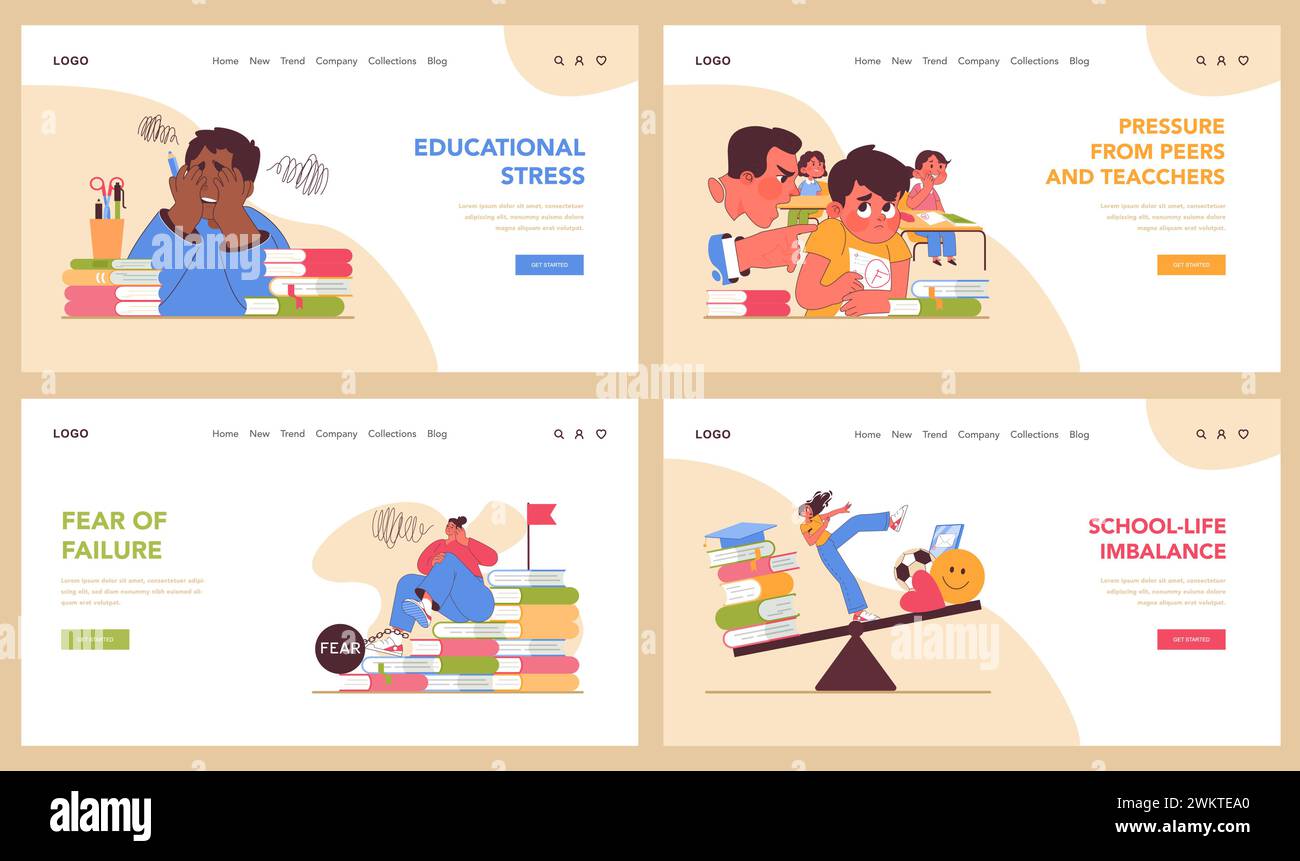 Educational stress web or landing set. Students confront academic ...