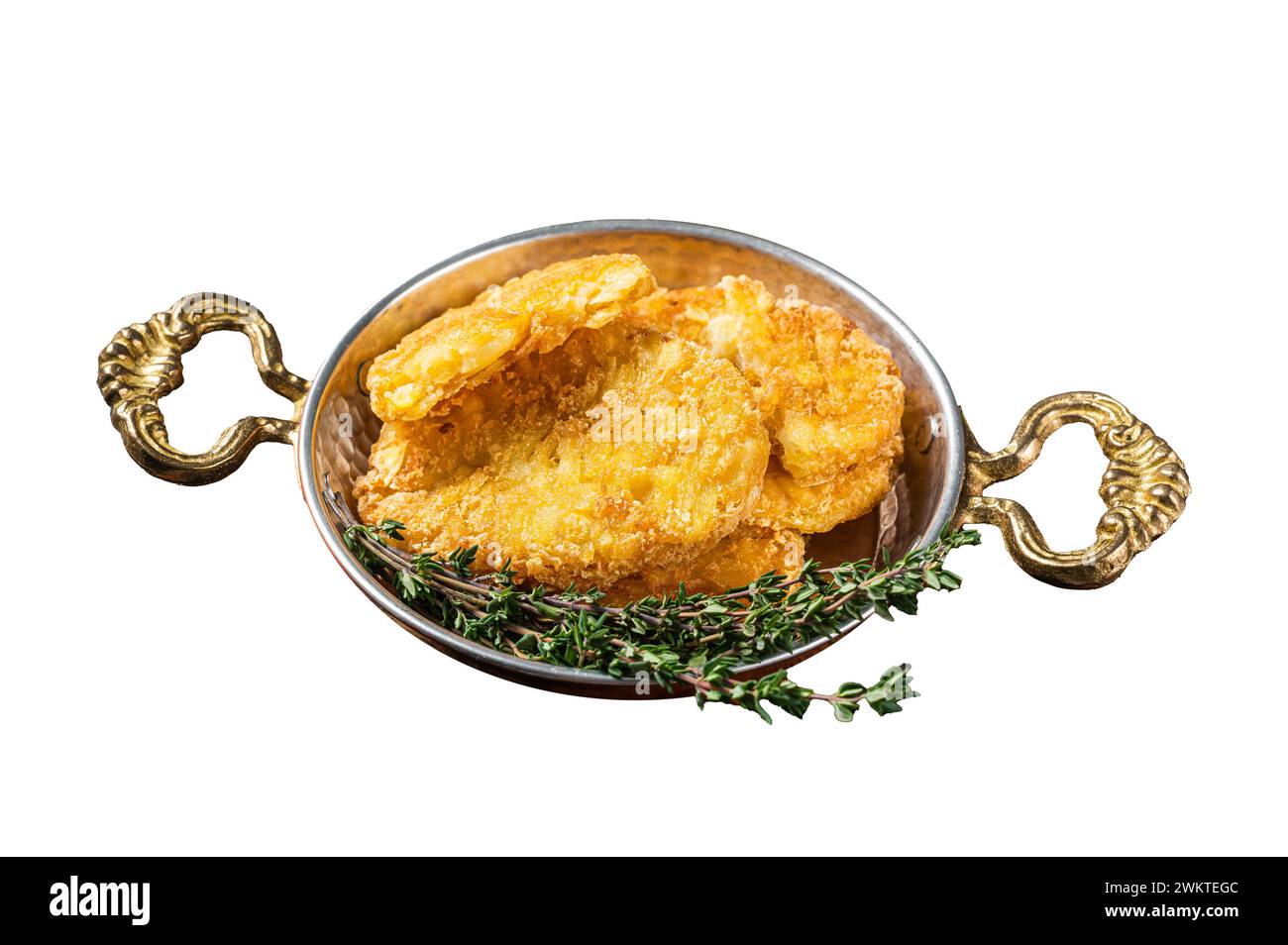 Fried Hash brown potato, hashbrown in a skillet. Isolated on white ...