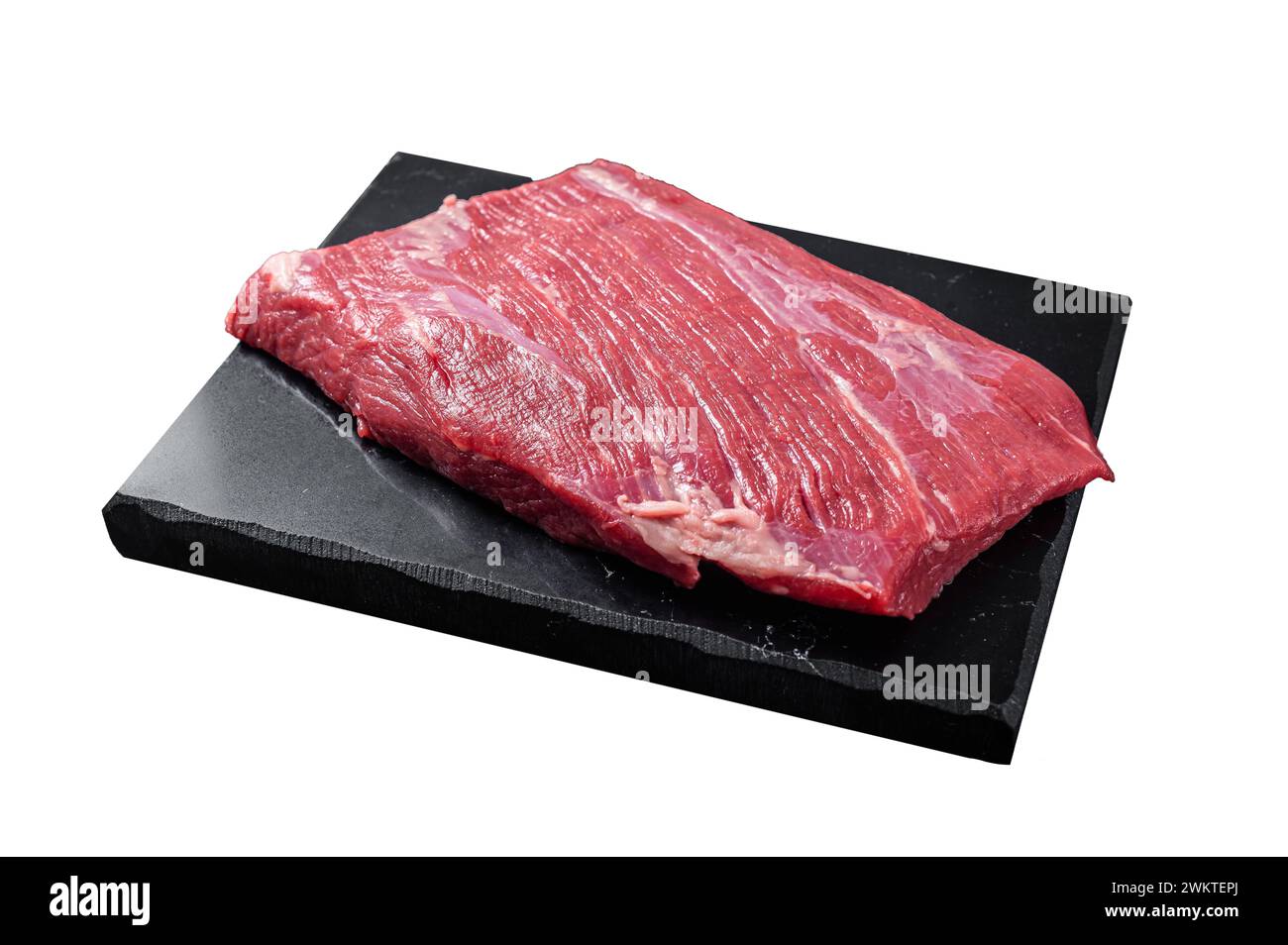 Prime choice flank steak, raw beef meat on marble board with herbs ...