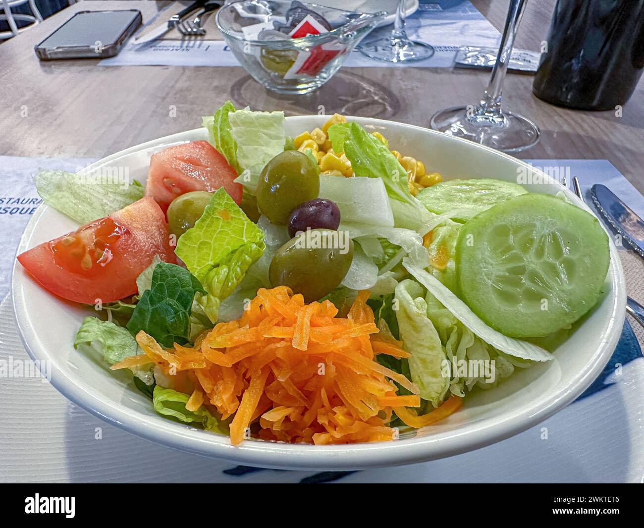 Garden salad, real serving size in restaurant in Alicante, Spain Stock ...
