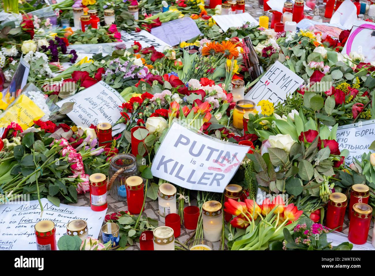 navalny memorial, flowers lie on ground, mourning candles burning after ...