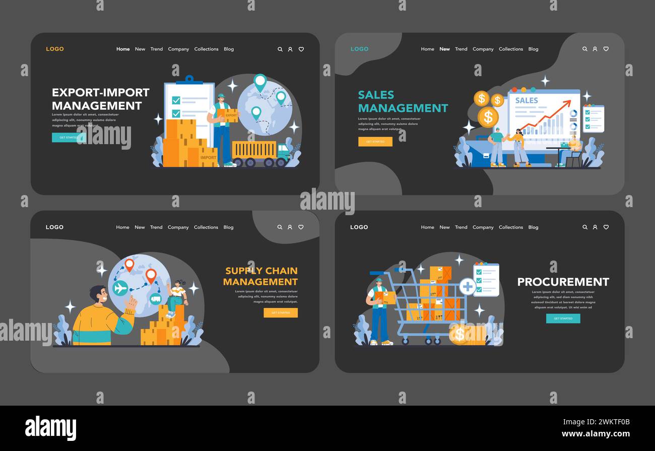 Business Operations night or dark mode web or landing page set. efficient export-import ...